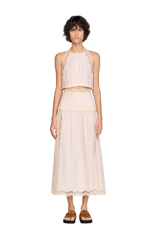 SANDRO Sandro Cotton Crop Top with Lace Trim